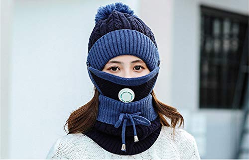 Womens Girls Winter Knitted hat Beanie Scarf mask Set Soft Warm Fleece Lined Winter Ski Hat with Pompom (Navy Blue)