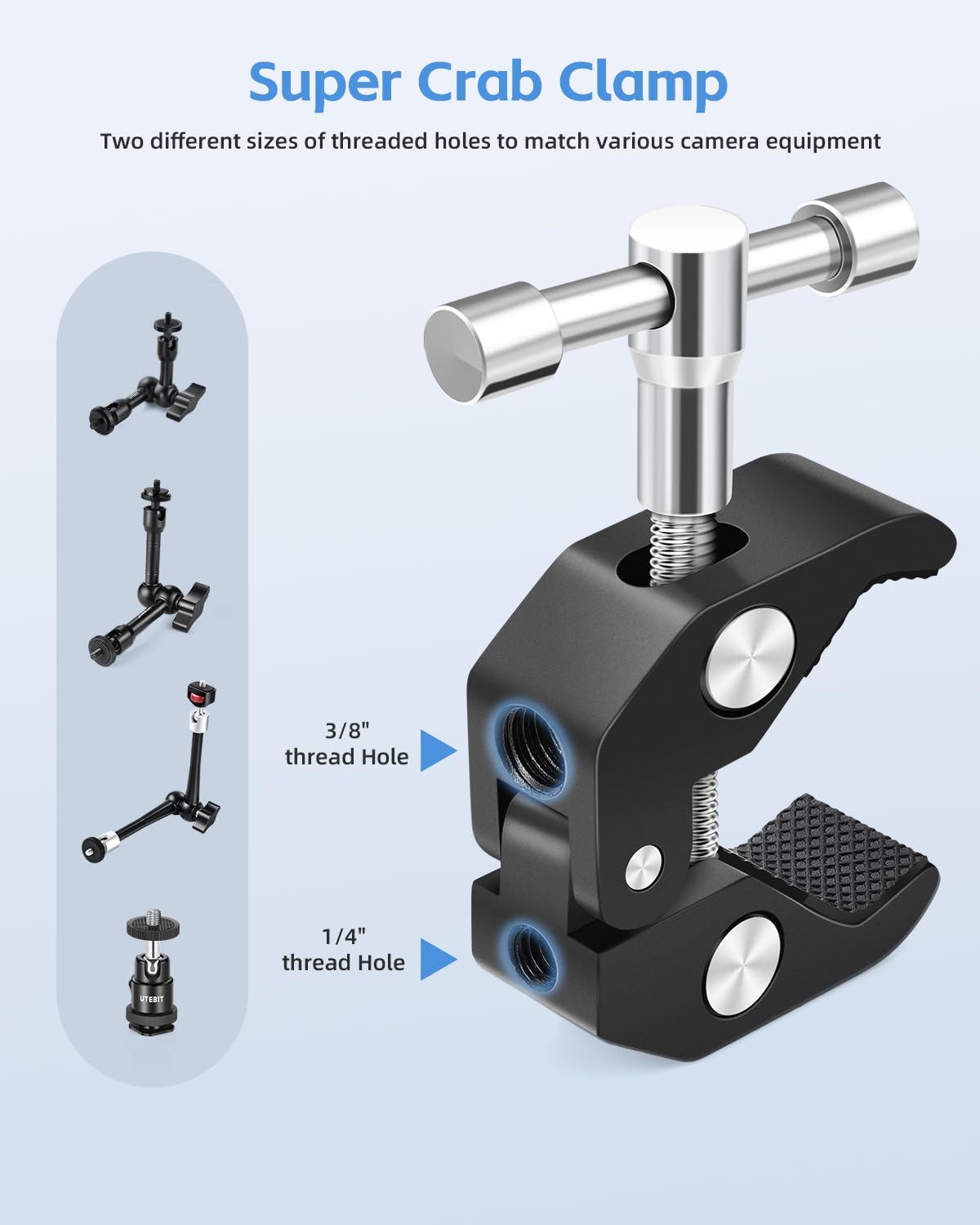 UTEBIT Adjustable Magic Arm with Super Clamp,9 inch with 1/4" and 3/8" Thread,Articulating Arm Clamp Friction Power Arm Crab Screw Kit for LCD Monitor, LED Light, Flash Light, Camera Rig