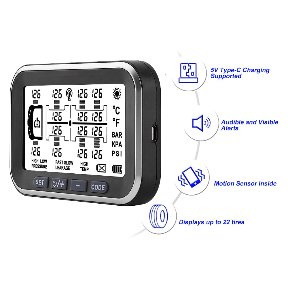 Taimster TPMS for RV/Buses/Caravan/Motorhome/Trailer/Travel/Trucks, Wireless Solar Tire Pressure Monitoring System with DIY Easy Installation Cap Sensors Pressure Range 0~188 PSI (0~13 BAR)10 sensors