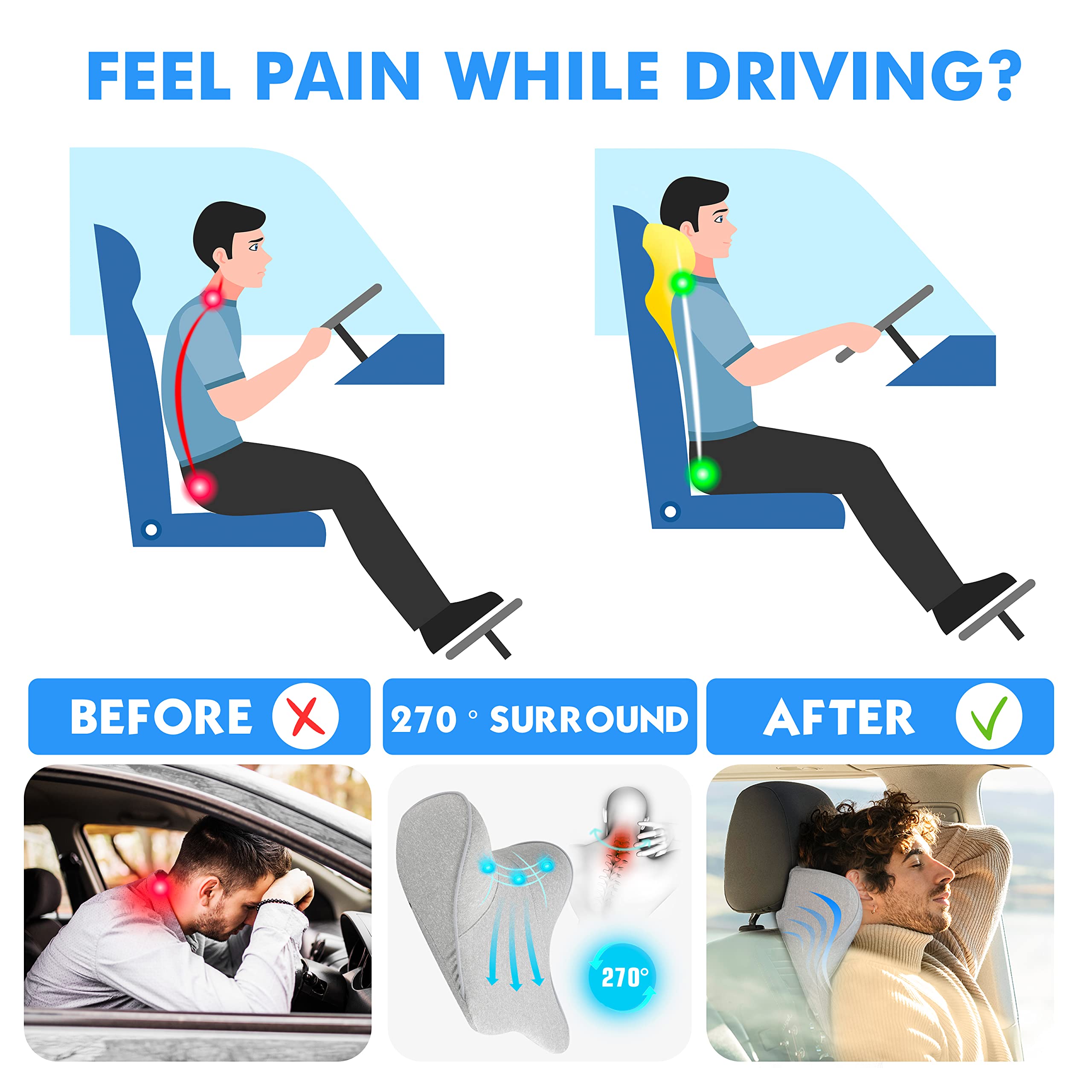 TKLoop Car Neck Pillow for Driving Seat Car headrest Pillow with Adjustable Strap, 100% Memory Foam Neck Support Pillow for Car, Office Chair Grey Pack of 1