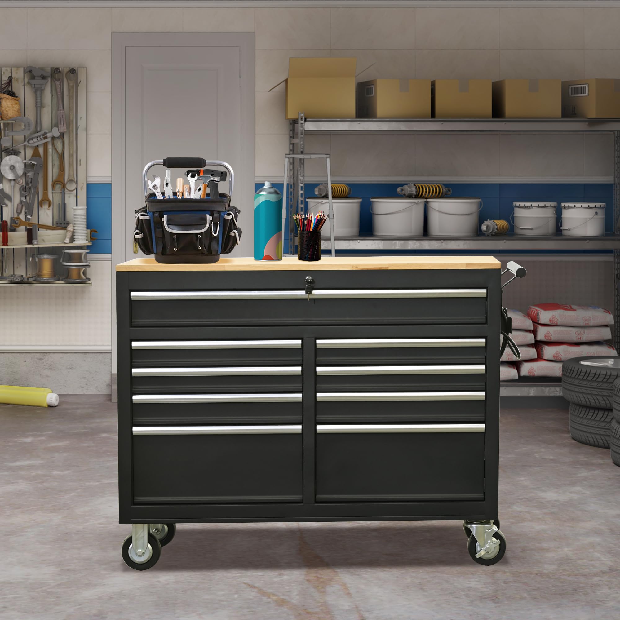 TOPKEY 46" Rolling Tool Chest Mobile Cabinet with Rubber Wood Top & 9 Drawers, Heavy Duty Workstation for Garage, Workshop, with Power Strip, 1500 lbs Load Capacity