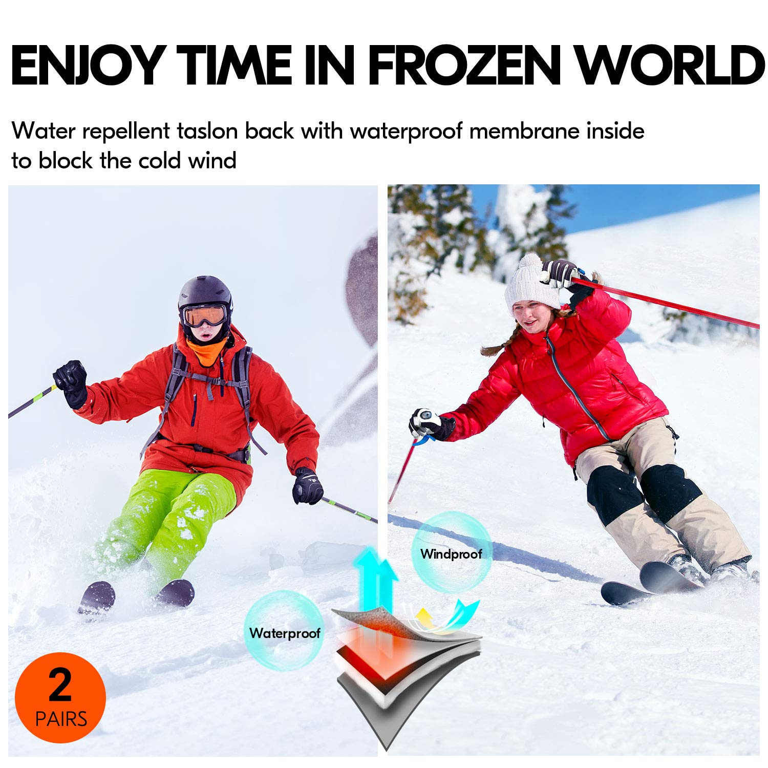 Vgo... 2-Pairs Winter Warm Ski Gloves for Men -20℃/-4°F or Above Waterproof Coldproof Touchscreen Snow Outdoor Goatskin Leather Gloves(Size M,Black&Blue,SF-CA2444FW)