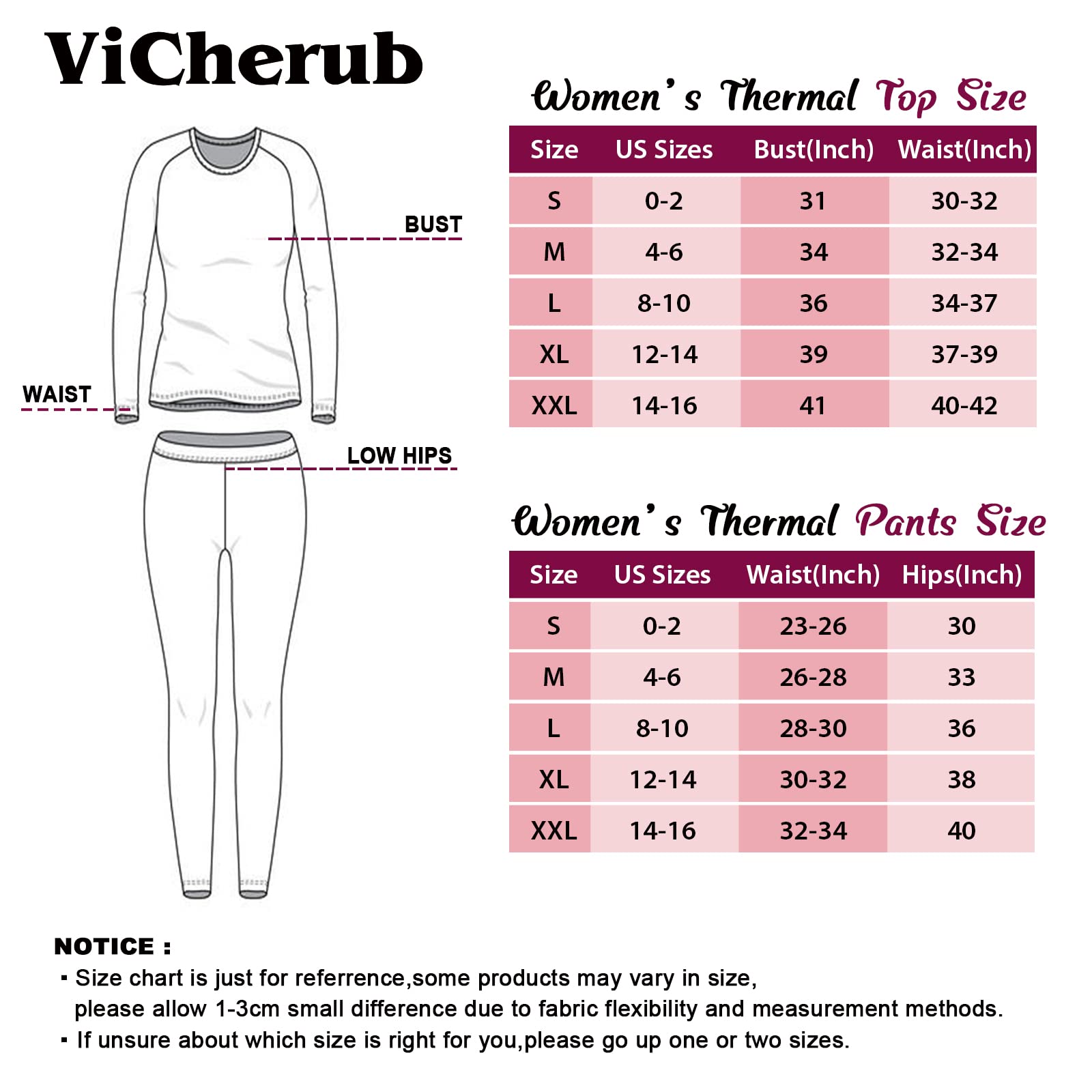 ViCherub Womens Thermal Underwear Set Long Johns Base Layer Fleece Lined Cold Weather Soft Top Bottom Black 2XL