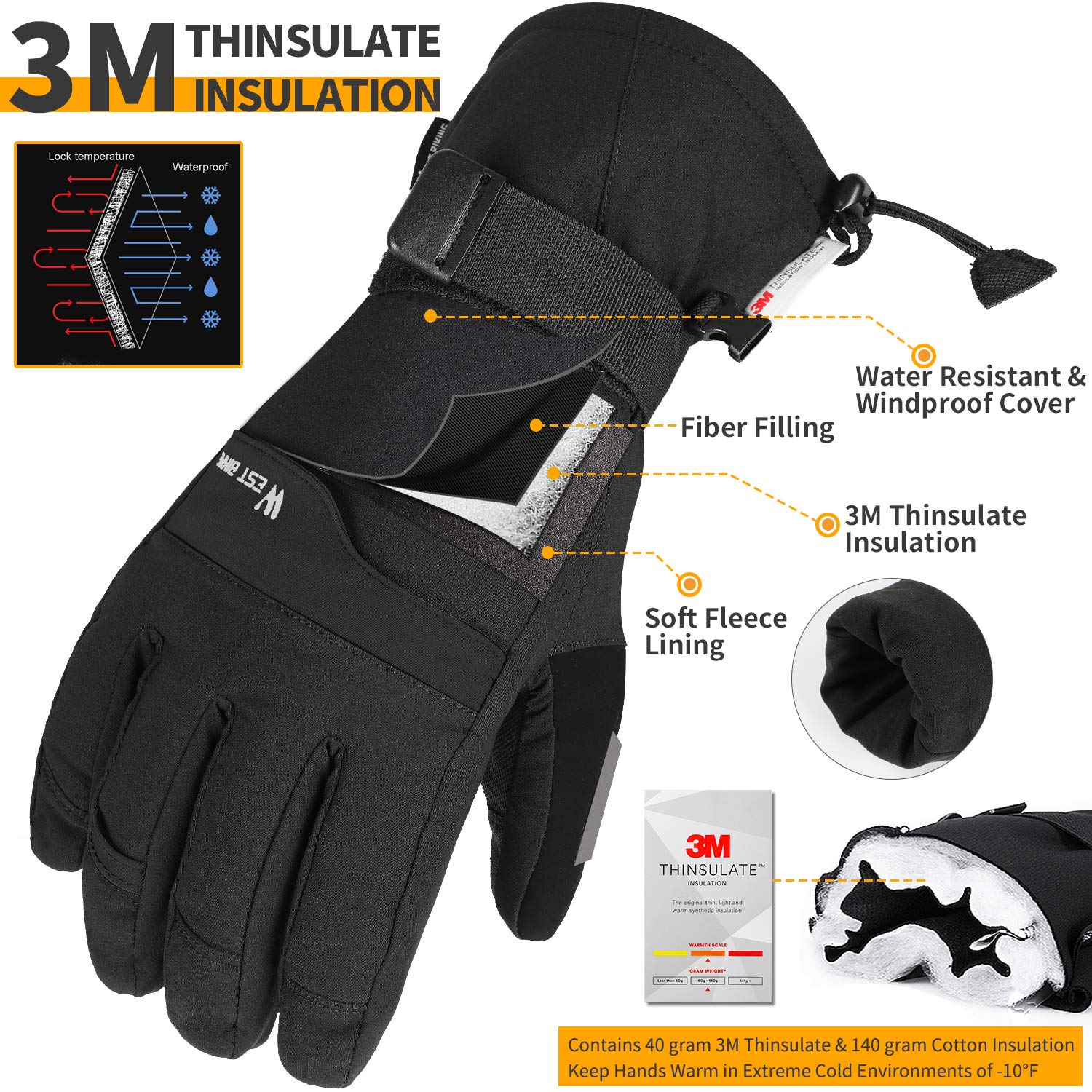West Biking Gift Winter Ski Gloves 2-in-1 Under Gloves with Separate Liners, 3M Thinsulate Waterproof Touchscreen Warm Snowboard Gloves