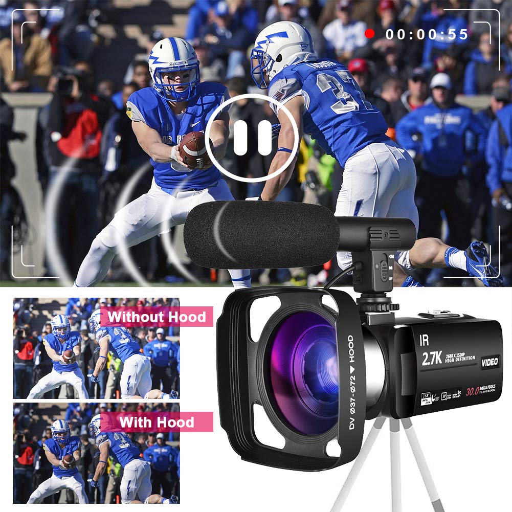 Video Camera Camcorder Vlogging Camera for Youtube Full HD 2.7K 30FPS 30 MP IR Night Vision 3 Inch Touch Screen Time-Lapse Camcorder with Microphone Remote Control Lens Hood and 2 Batteries