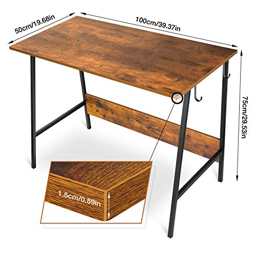 WEWILL Computer Desk Writing Study Table for Home Office,PC Notebook Writing Table with Stable Trapezoidal Metal Structure Modern Student Desk with Two Hooks,Easy to Install,Rustic Brown