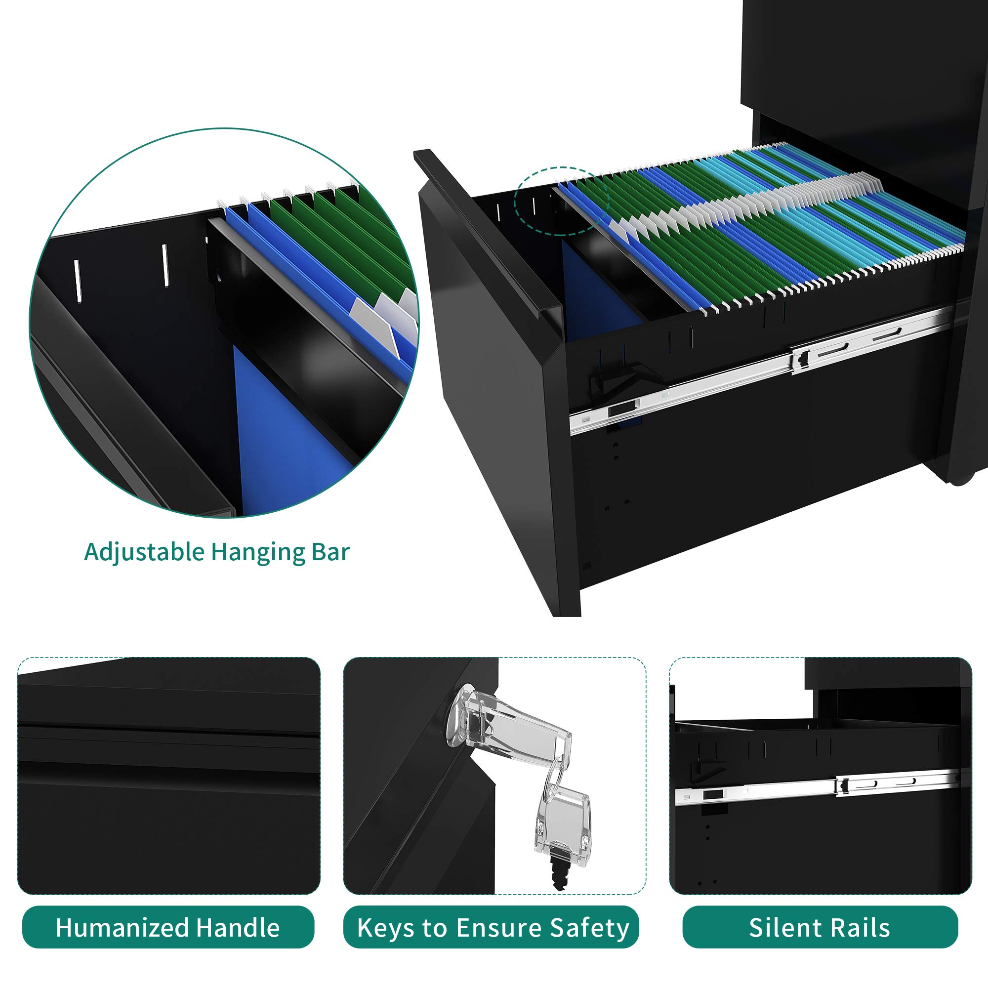 YITAHOME 3-Drawer Mobile File Cabinet with Lock, Office Storage Filing Cabinet for Legal/Letter Size, Pre-Assembled Metal File Cabinet Except Wheels Under Desk -Black