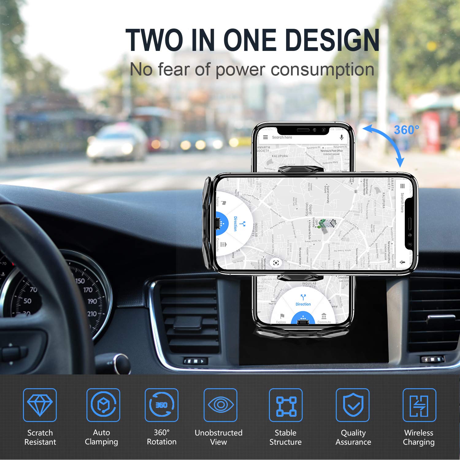 YITUMU Wireless Car Charger,15W Qi Fast Charging Auto-Clamping Car Phone Holder Mount,Air Vent Windshield Dashboard Car Phone Mount,Long Arm Suction Cup Cell Phone Holder for iPhone Samsung LG