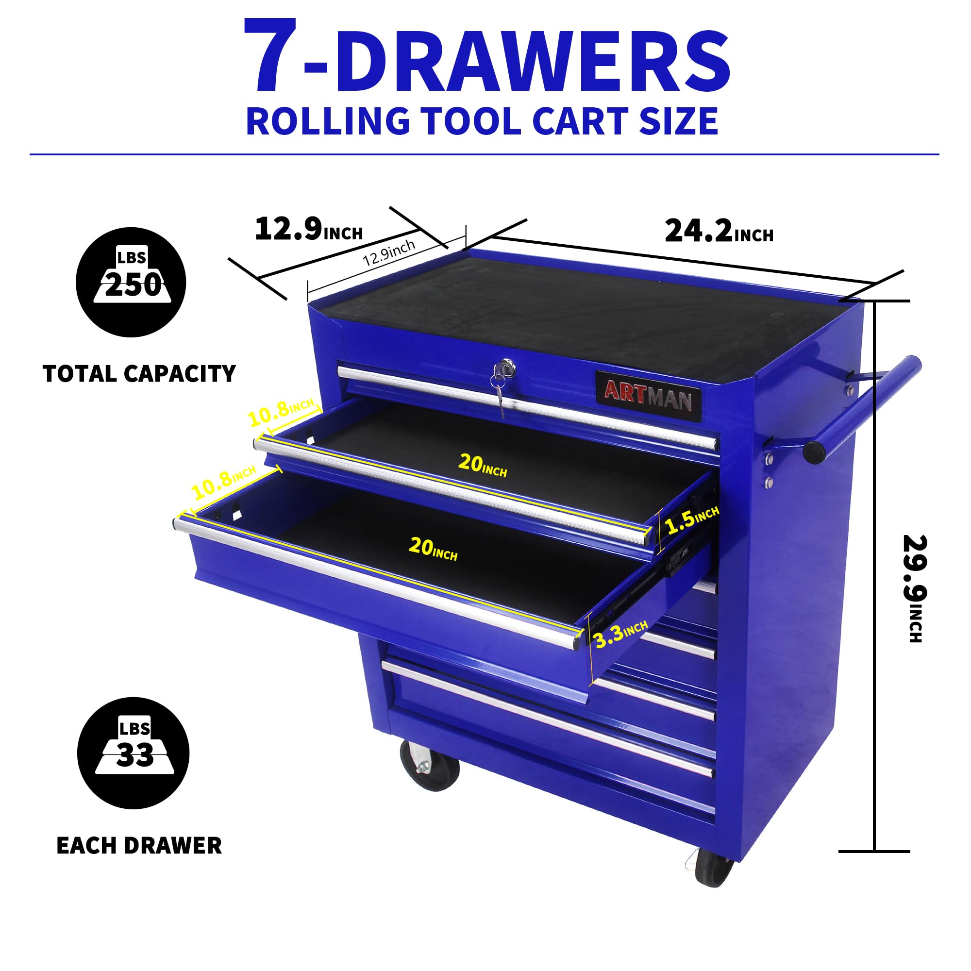 Tool Cart on Wheels 24.2in,7 Drawers Rolling Tool Box,Locked Drawers Storage Organizer Cabinet for Garage, Warehouse, Repair Shop, Workshop