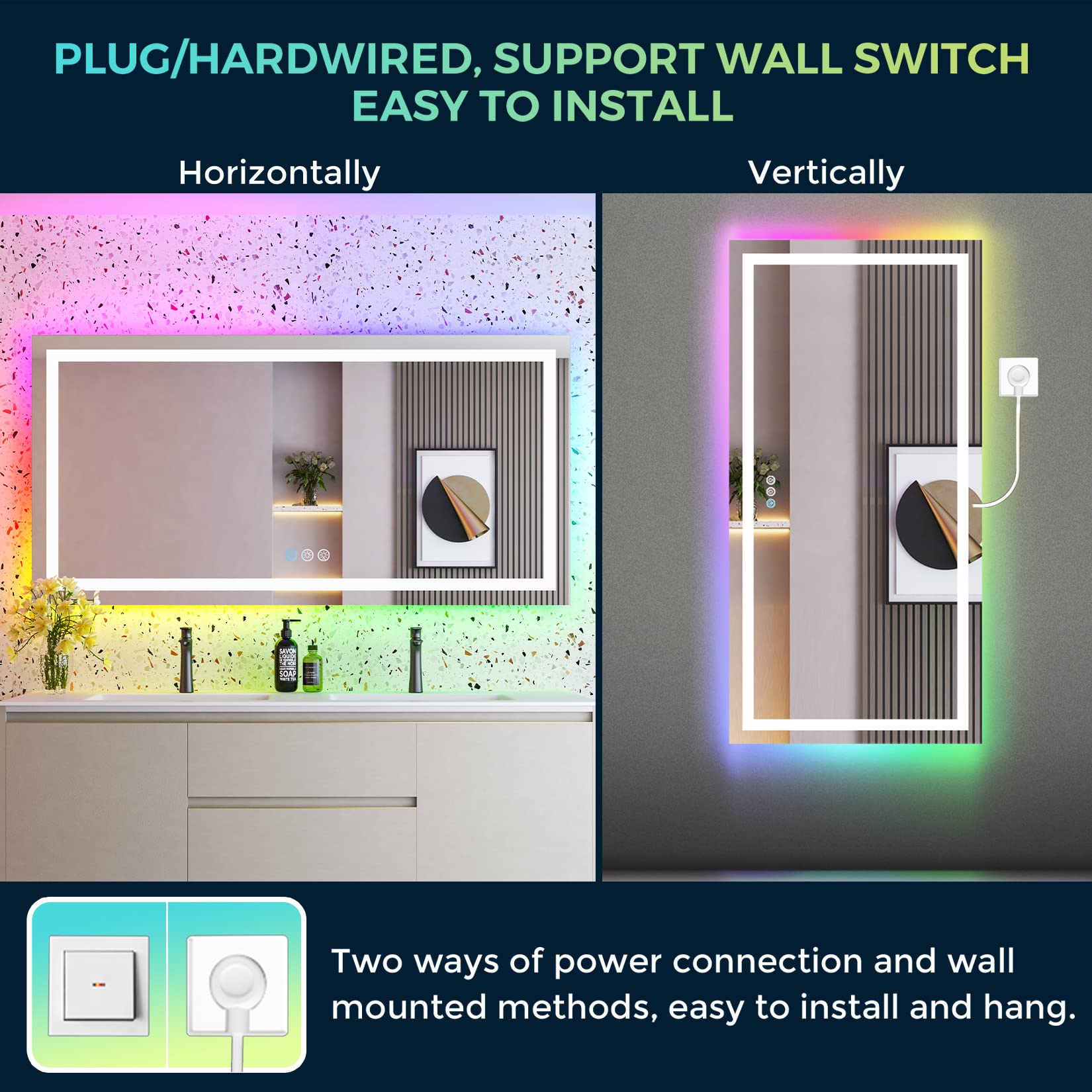 YEELAIT 72x36 Inch RGB LED Bathroom Mirror Front Light and RGB Backlit Lighted Vanity Mirror for Bathroom Wall Mounted Dimmable Anti Fog Memory Shatter-Proof IP54 Waterproof Horizontal/Vertical