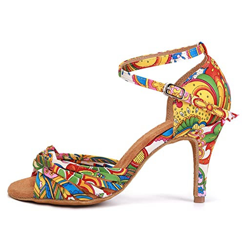 YKXLM Latin Dance Shoes For Women Ballroom Salsa Tango Professional Performance Practice Dancing Shoes,3.33" heel,Colorful,5.5 US