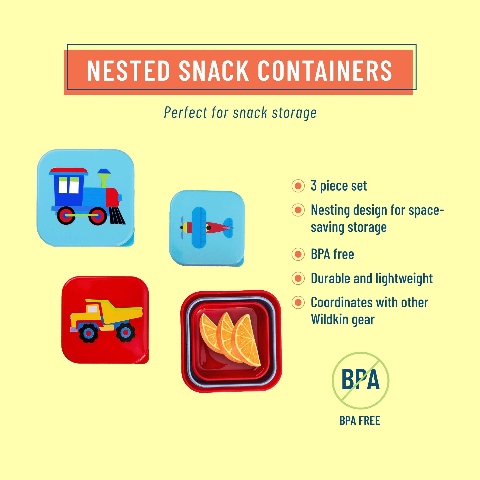 Wildkin Clip-In Lunch Box and Nesting Snack Container Bundle with Ice Pack and 16 Oz Water Bottle: Your Complete Mealtime Companion (Trains, Planes & Trucks)