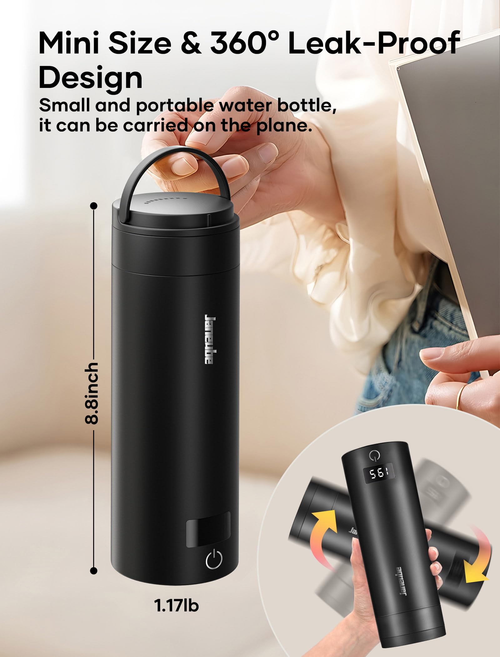 Travel Portable Electric Tea Kettle, Small Coffee Kettle, Mini Hot Water Boiler, 380mL & 304 Stainless Steel, with 4 Variable Presets and Auto Shut-Off(Black)