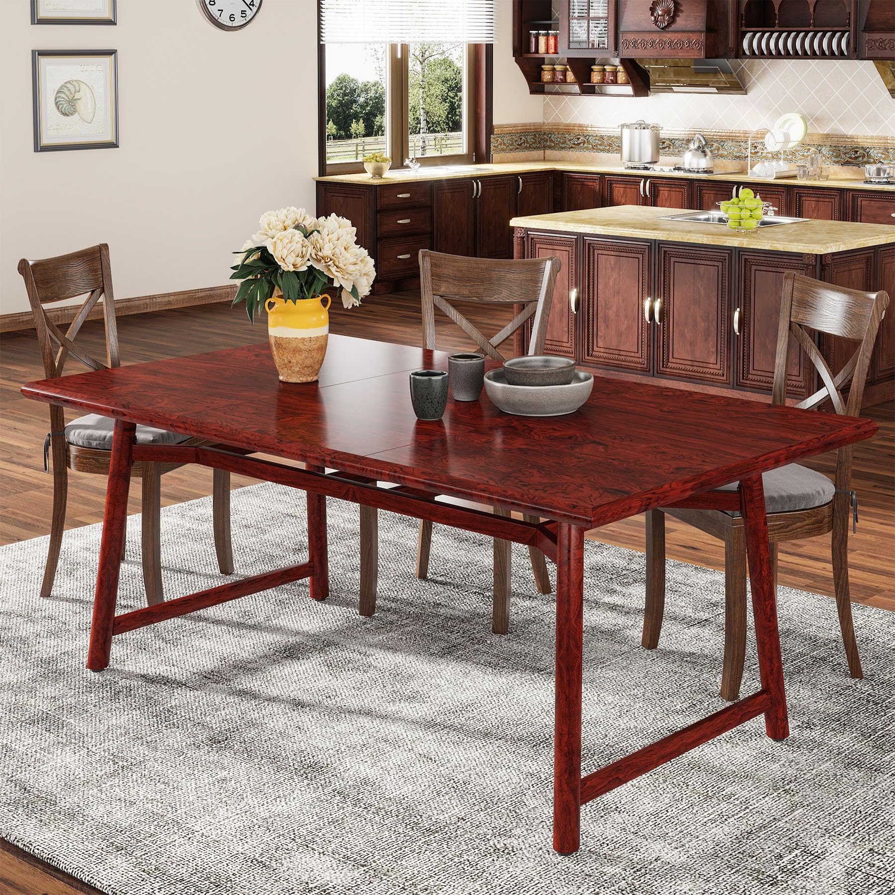 Tribesigns 63" Dining Table for 4-6, Rectangular Kitchen Table with Heavy-Duty Metal Legs, Wood Dinner Table for Kitchen or Dining Room, Easy Assembly, Classic Cherry Red