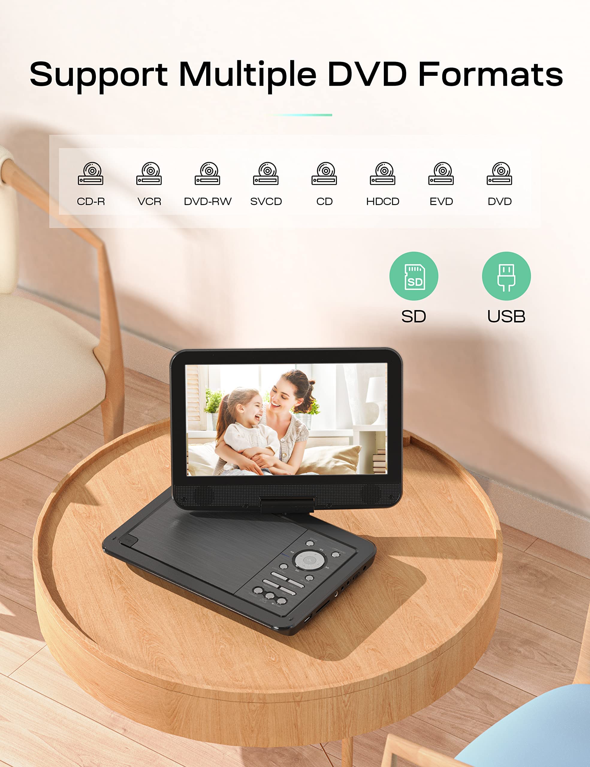 YOTON 12.5" Portable DVD Player for Car, portable DVD player for kids with 10.5" HD Swivel Screen, 1.8m Car Charger, Rechargeable battery, Support 4-6 Hours play time, USB/SD Card[Not Support Blu-Ray]