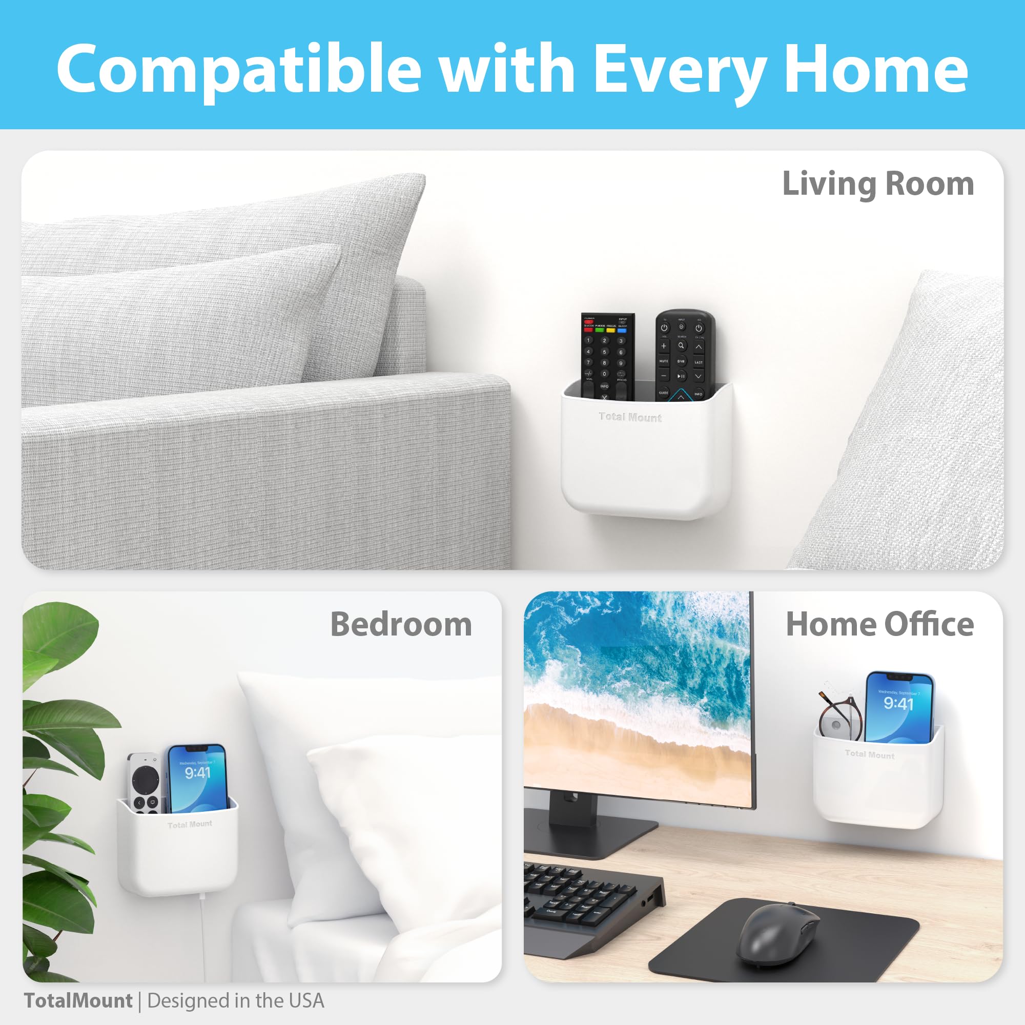 TotalMount Hole-Free Remote Holder β Eliminates Need to Drill Holes in Your Wall (for 2 or 3 Remote Controls β White β Quantity 1)