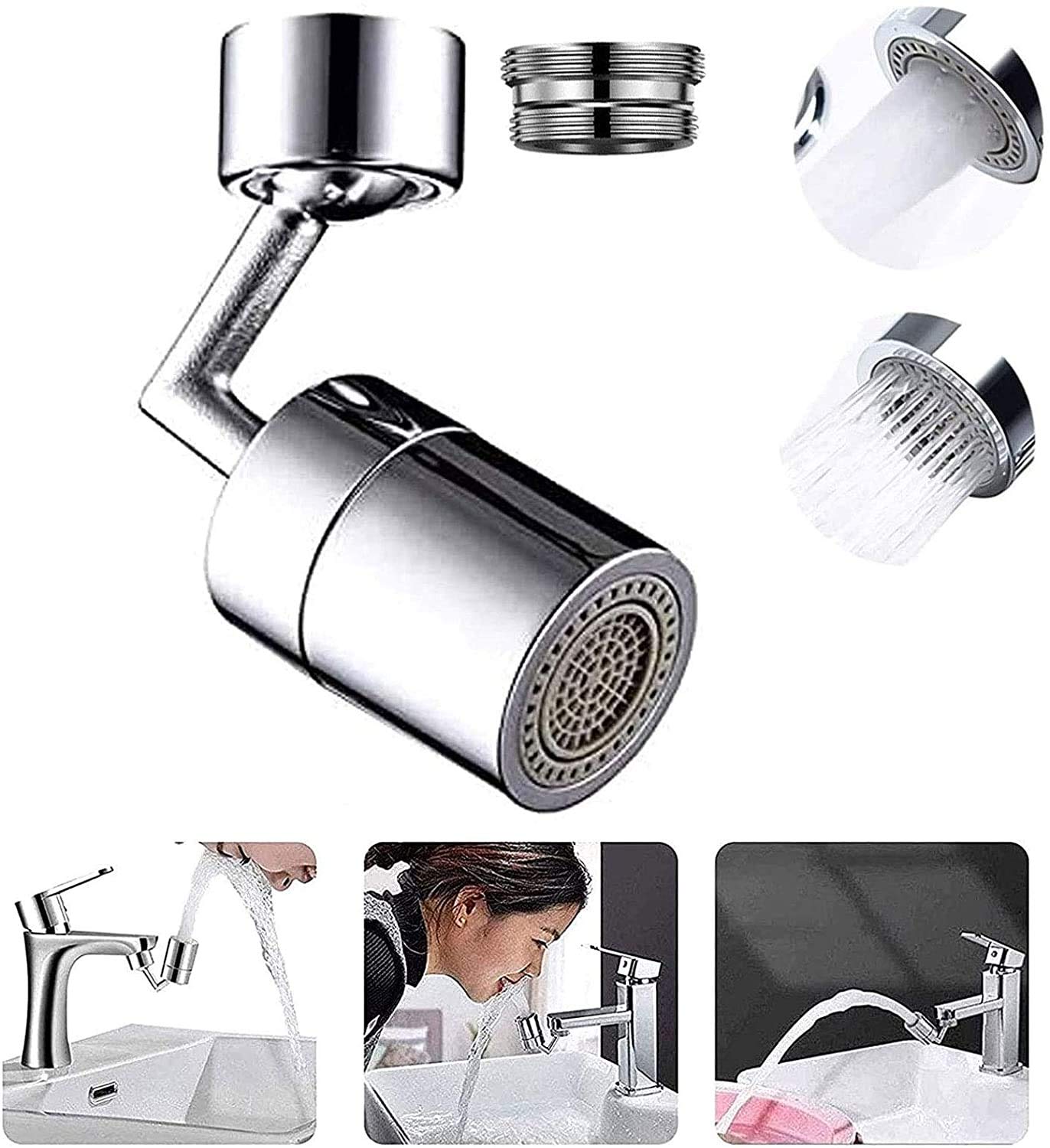Universal Splash Filter Faucet-720° Rotatable Big Angle Faucet Sprayer Head with Durable Copper & ABS, Anti-Splash, 4-Layer Net Filter, Oxygen-Enriched Foam,55/64 Inch-27UNS Female Thread