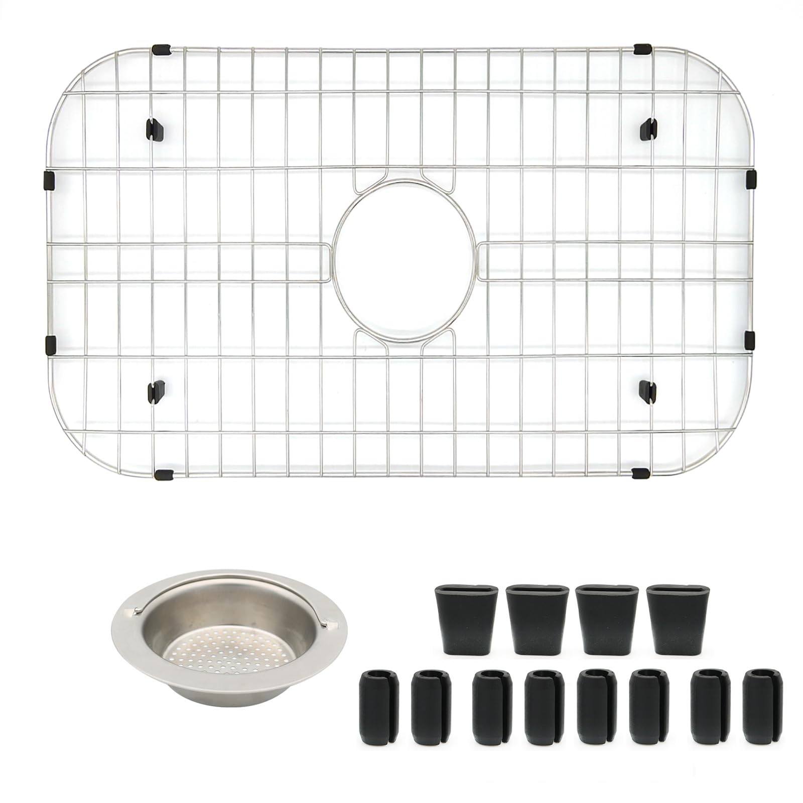 YORZSDI Sink Protectors for Kitchen Sink, 26-1/8" x 14-1/4" Stainless Steel Sink Grid with Center Drain, 304 Stainless Steel Sink Protector with Sink Strainer and Protective Rubber Feet