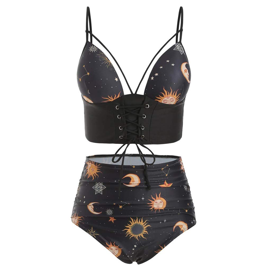 Women Plus Size High Waisted Bikini Set Push Up Two Piece Swimsuit Retro Moon Sun Star Print Bathing Suit
