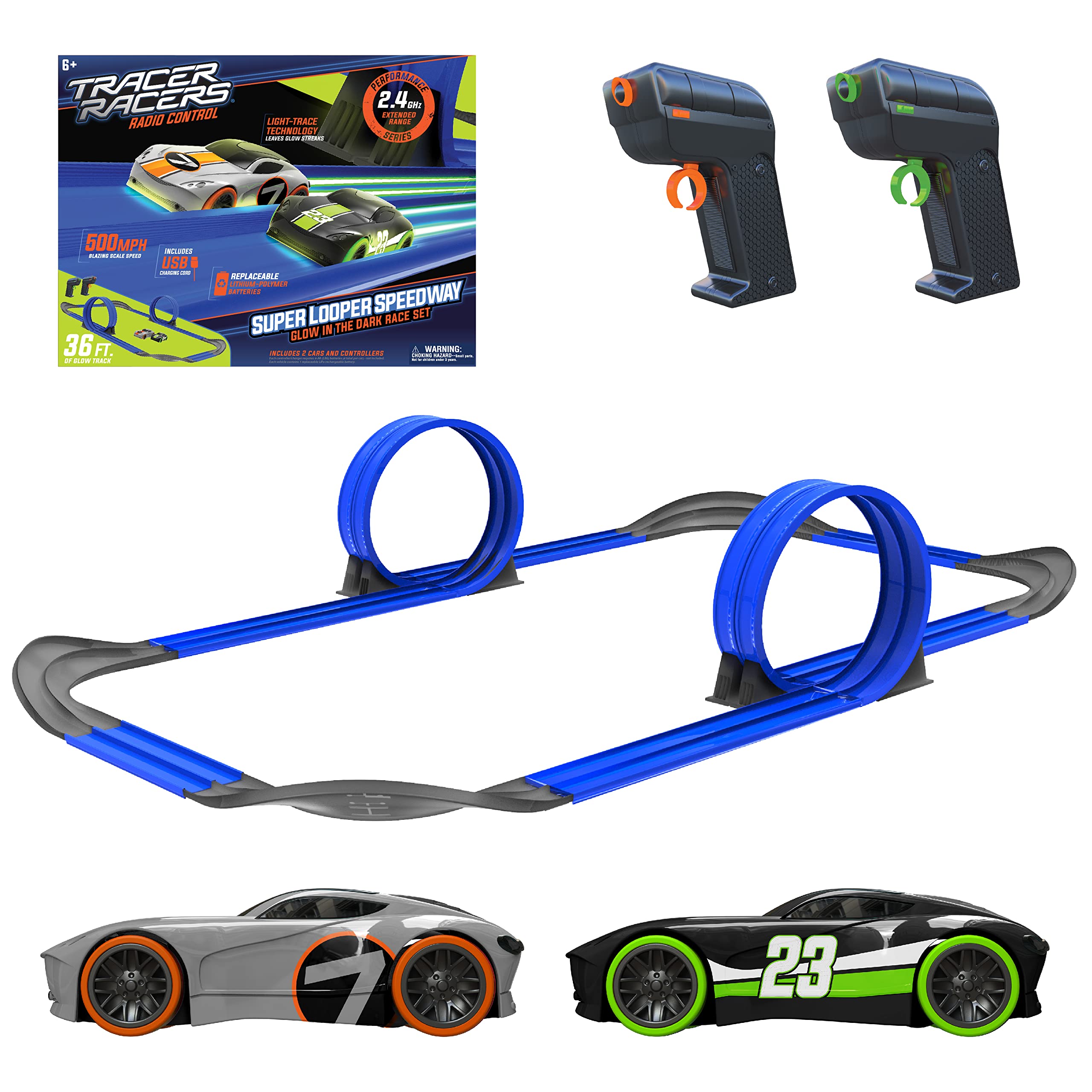 Tracer Racers Remote Control Cordless Glow in The Dark High-Speed Super Loop Speedway Track Set with Two Cars for Dual Racing, Glow Blue