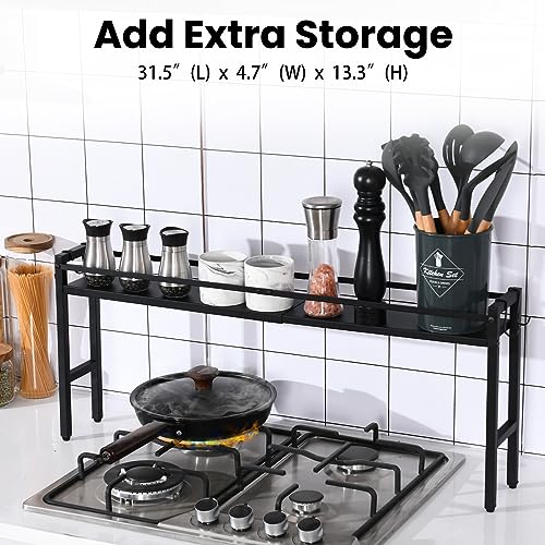 yudeke Stove Shelf, 1 Extendable Metal Shelf, Kitchen Organizer with 4 Hooks (Black)
