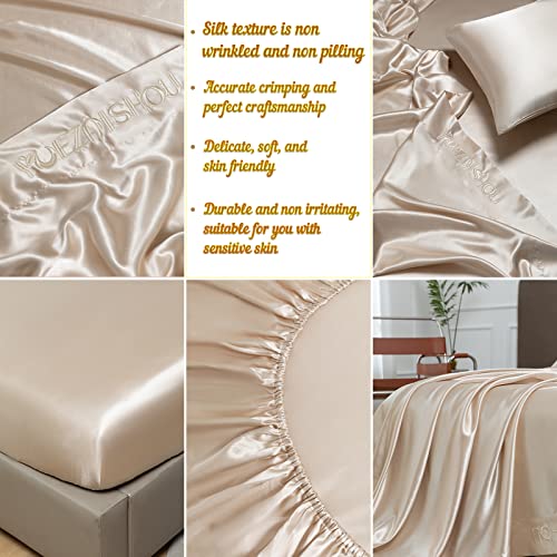 YUEZAISHOU Khaki Satin Sheets Full - 4pcs Silk Bed Sheets Full Hotel Luxury Extra Soft Silky Bedding Set -15" Deep Pocket Fitted Sheet & Flat Sheet & 2 Pillowcases - Wrinkle, Fade, Stain Resistant