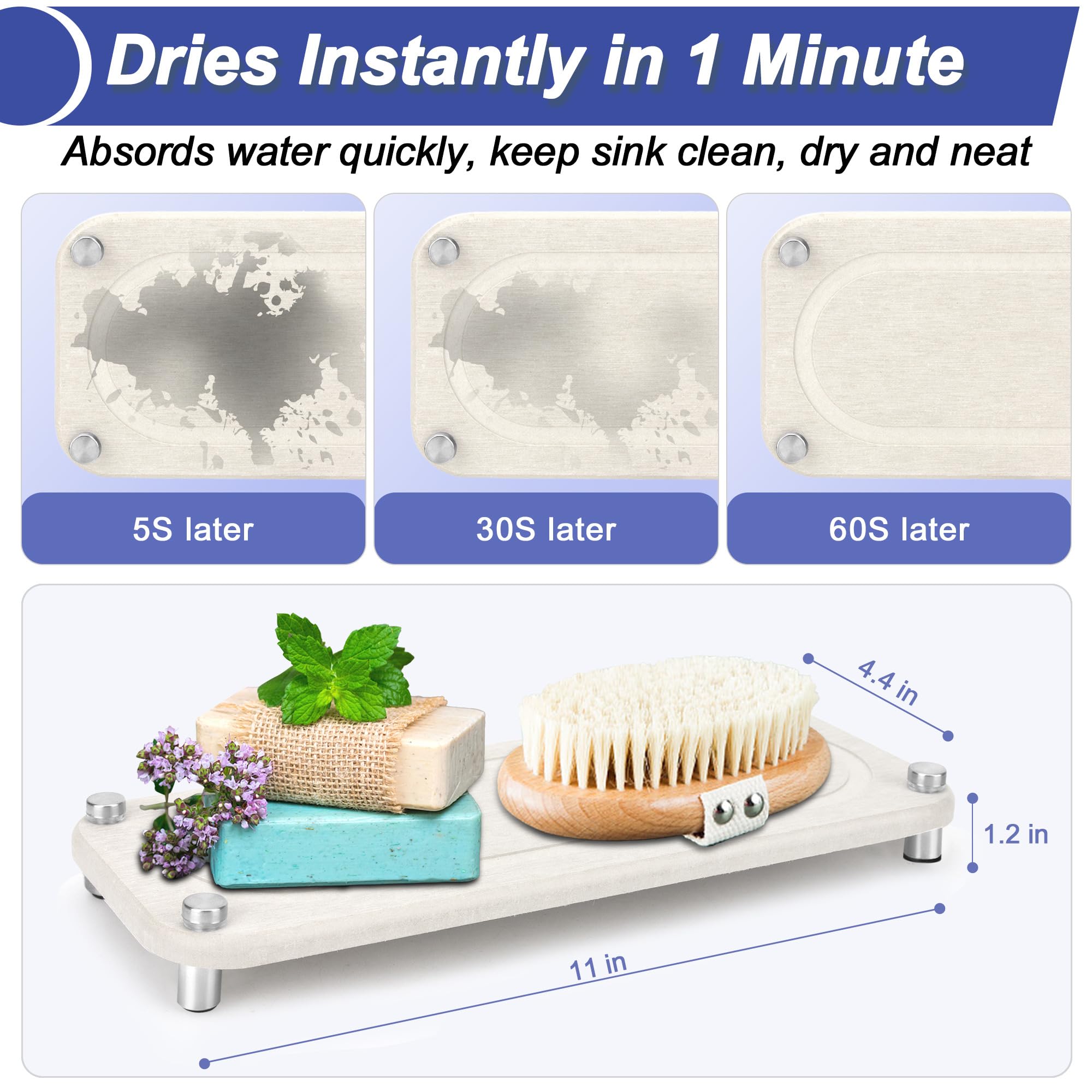 Yukee 2PCS Diatomaceous Earth Instant Dry Sink Organizer Bathroom Kitchen Counter Fast Water Absorbing Stone Sink Caddy Tray Sponge Soap Bottle Storage Shelf Holder Rack