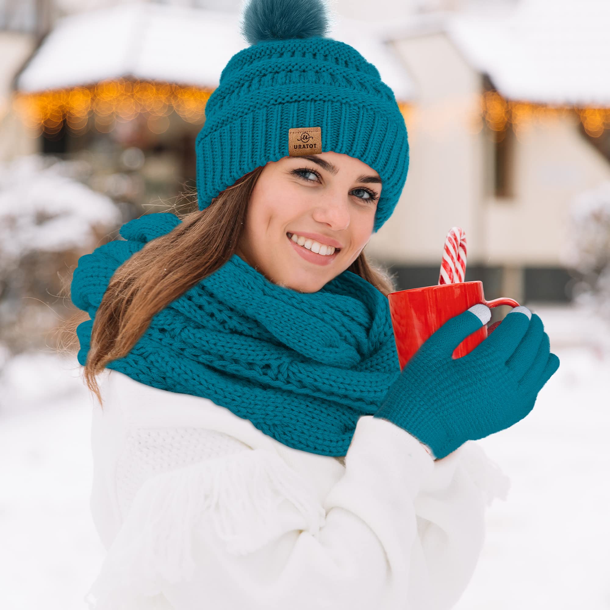 URATOT Winter Warm Knitted Sets Beanie Pompom Hat Scarves Winter Touchscreen Gloves Scarf Set for Men Women