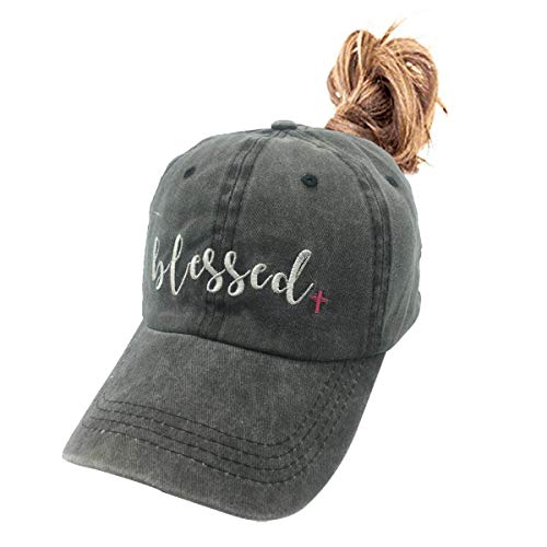 Waldeal Women's Embroidered Ponytail Blessed Baseball Cap Adjustable Distressed Vintage Summer Faith Dad Hat Black
