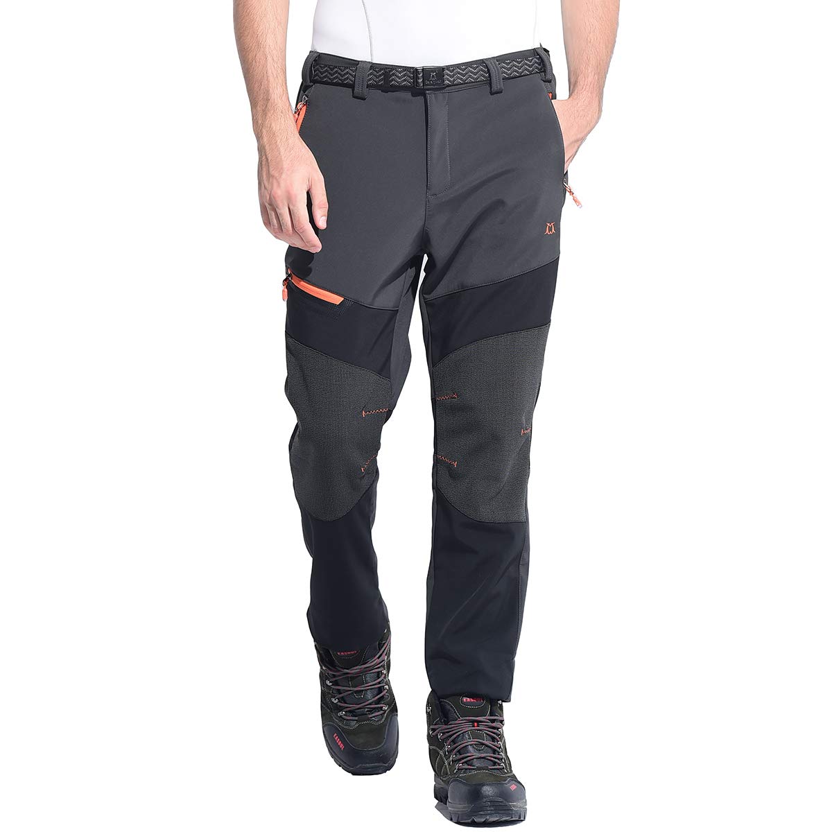 TREKEK Men's Soft Shell Outdoor Hiking Pants Winter Warm Waterproof Fleece Hunting Snow Ski Pants, Gray, 32