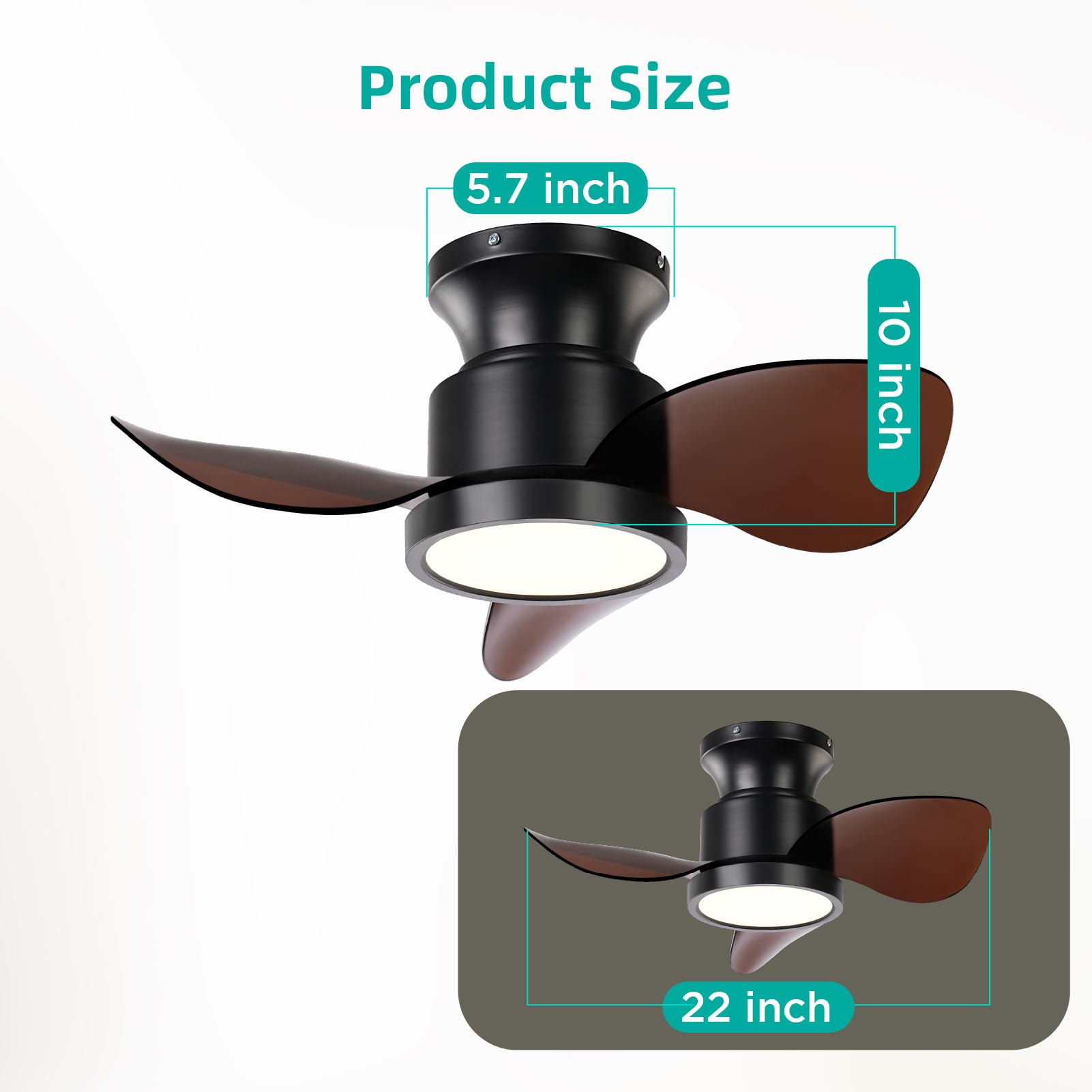 Roomratv Ceiling Fans with Lights 22 inch Quiet Ceiling Fan Large Airflow Remote Control 3 Color Temperature for Bedroom Kitchen Dining room Patio(Black)