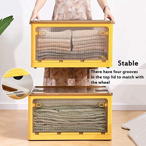 Zelloa Stackable Storage Bins with Lids, Large Clear Collapsible Storage Bins with Wheels,14Gal Folding Storage Box,5 Opening Ways,Closet Organization,20.08”L x 14.17”W x 11.28”H,Yellow