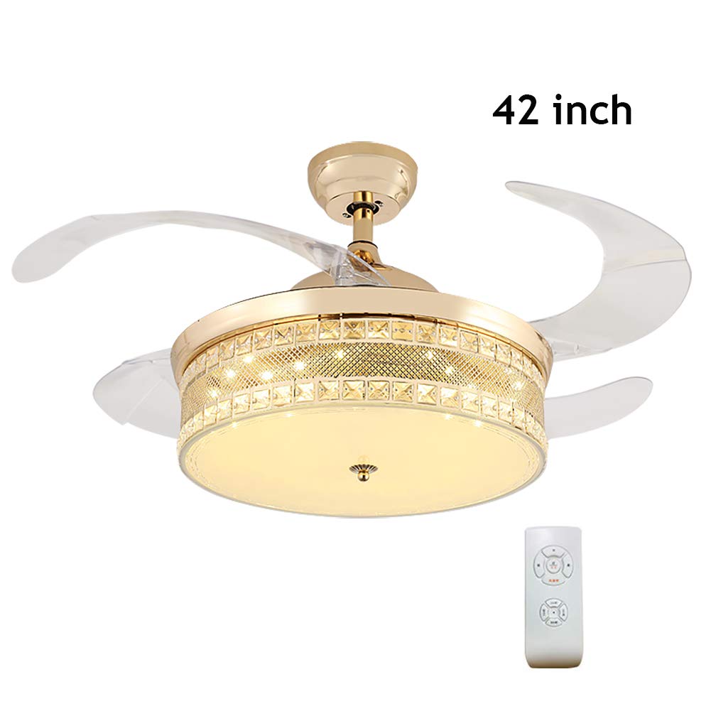 US DELIVER 42" Crystal Ceiling Fan Chandelier Retractable Blade Ceiling Fan with Light Dimmable Ceiling Fan Lamp Fandelier with Remote Control 3-Color 3-Speed 2 Down Rod (Golden)
