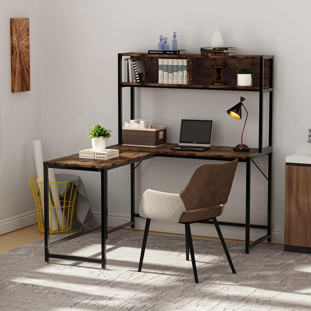 Tribesigns L-Shaped Desk with Hutch,55 Inch Corner Computer Desk Gaming Table Workstation with Storage Shelves Bookshelf for Home Office,Rustic