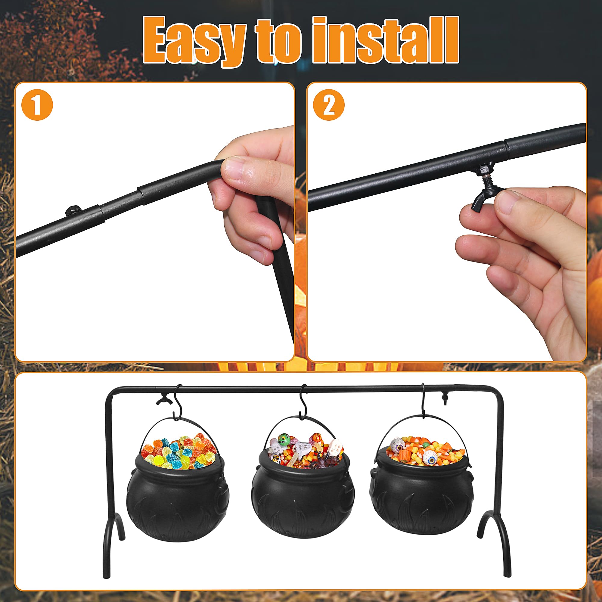 Zhitaoxun 3pcs Witches Cauldron Serving Bowls with Iron Rack,Halloween Party Decotations,Black Plastic Candy Bucket Cauldron Bowls for Halloween Outdoor and Indoor Decor