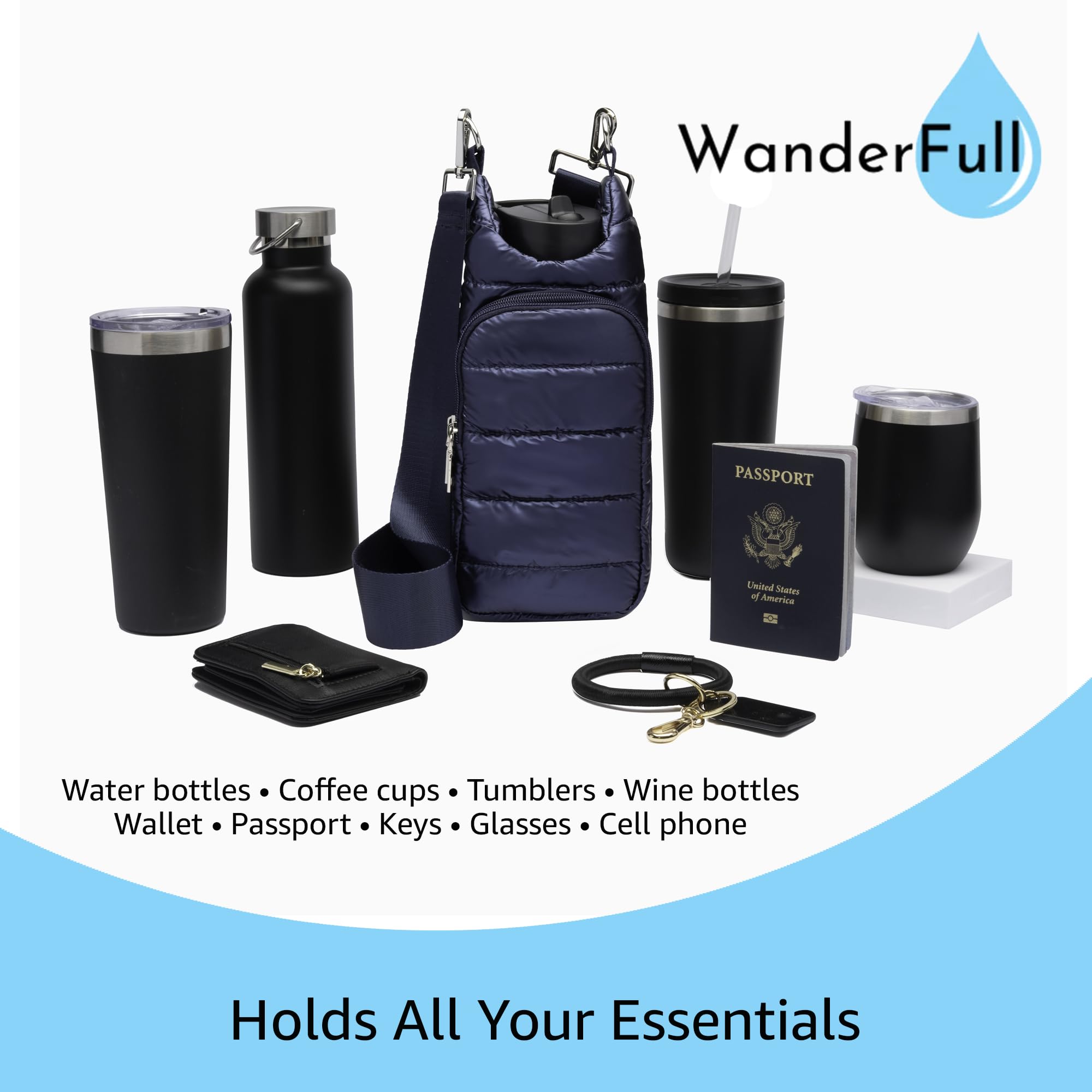 WanderFull Original Crossbody HydroBag | Quilted Water Bottle Carrier | Puffer Tote Tumbler Holder with Pockets for Purse, Phone & Accessories | Carry Travel Essentials (Navy Shiny & Solid Strap)
