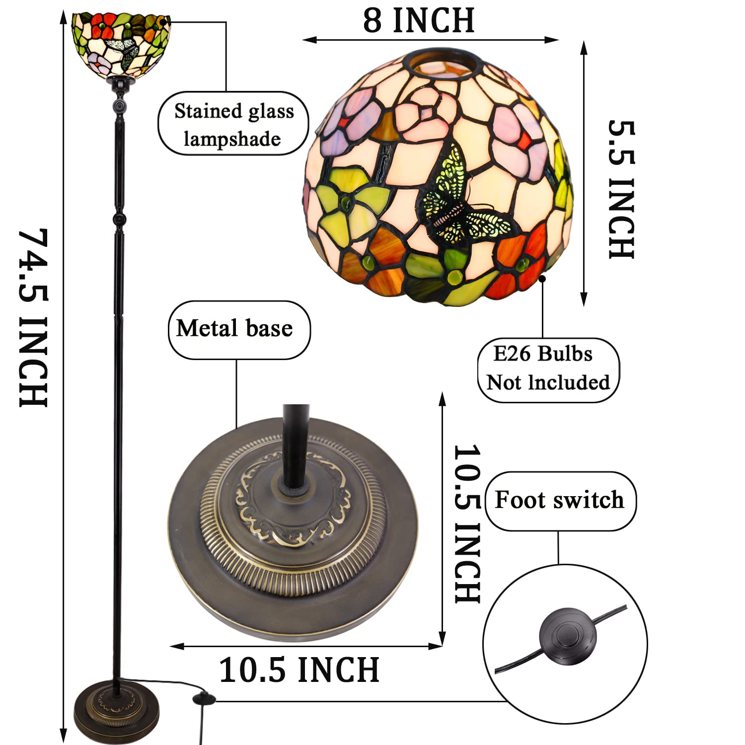 ZJART Tiffany Floor Lamp Torches Stained Glass Lamp 8X8X72 Inch Swivel Arm Angle Adjustable Antique Reading Light (Butterfly Flowers)