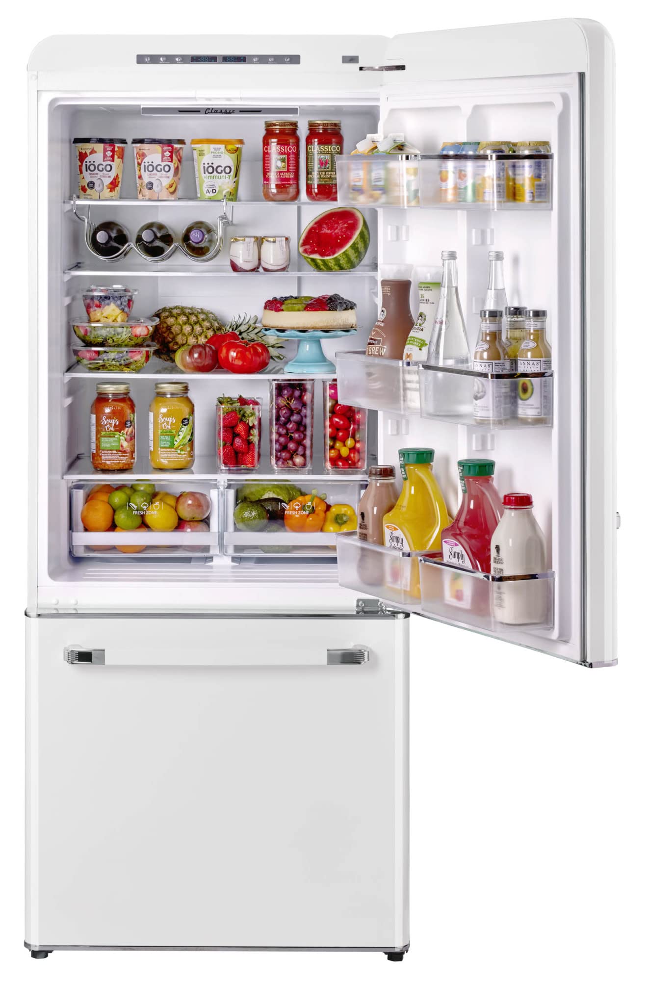 Unique Appliances UGP-510L W AC Classic Retro Electric Bottom-Mount Refrigerator, Marshmallow White; No Frost; Adjustable Glass Shelves; 18 cu. ft; Adjustable 3-bottle Wine Rack; LED Lighting