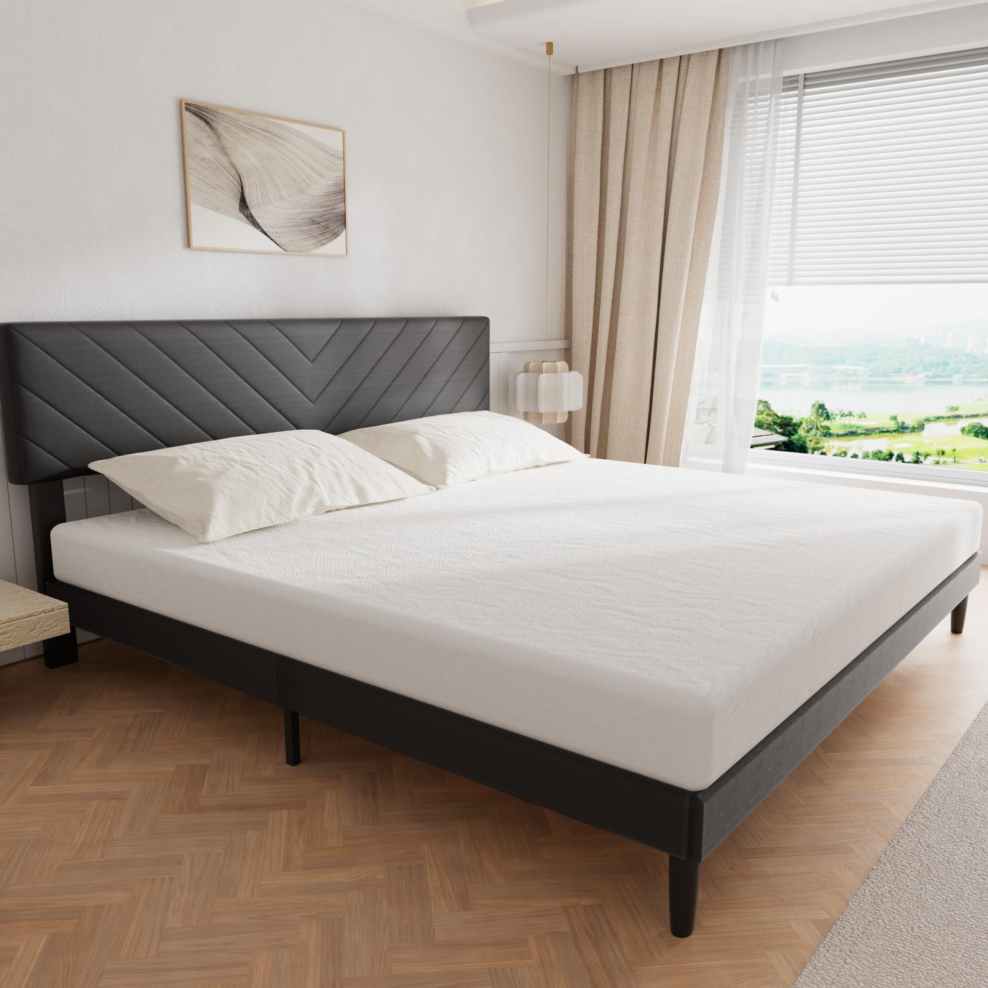 Rottnen Upholstered King Size Bed Frame with High-Adjustable Headboard and Solid Wood Slats Support, Strong Weight Capacity, Non-Slip and Noise-Free,No Box Spring Needed, Easy Assembly, Grey