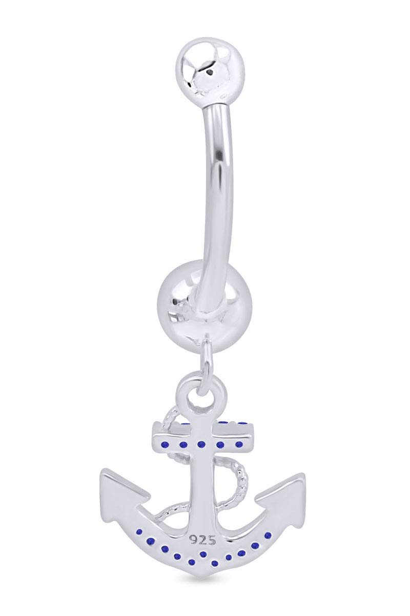 Round Shape Simulated Blue Sapphire Anchor Dock Belly Navel Ring in 14K White Gold Over Sterling Sliver