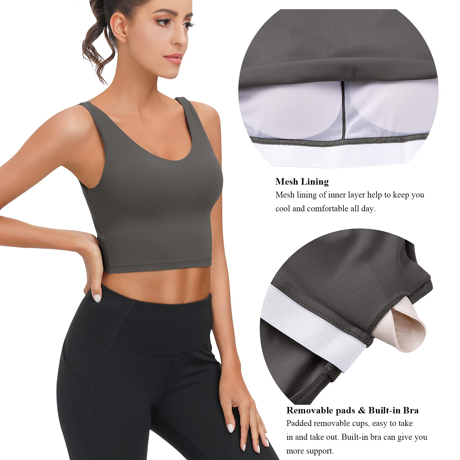 V Neck Built in Bra Longline Sports Bras for Women Padded Medium Support Workout Crop Tops for Running Yoga