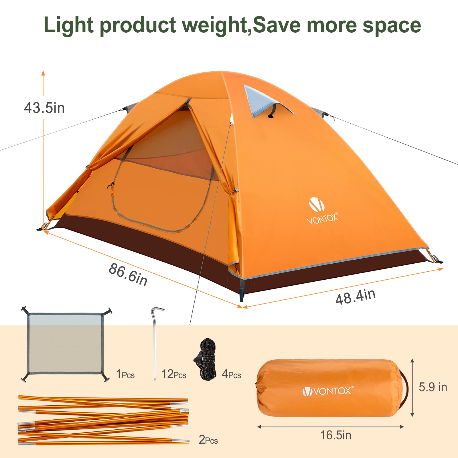 V VONTOX 2-3 Person Ultralight Backpacking Tent, Orange, Waterproof, Windproof, 86.6 x 48.4 in, 31 sqm