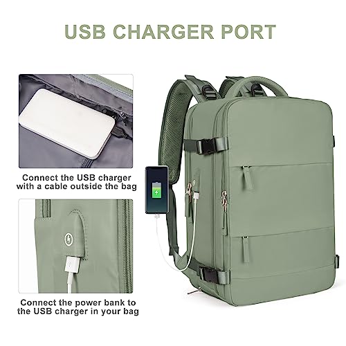 UPPACK Travel Backpack For Women Men Carry On Backpack Flight Approved Gym Bag With Shoe Compartment Hiking Waterproof Laptop Backpack College Essentials Grey Green