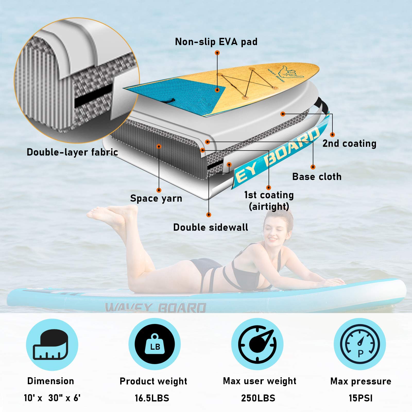 WAVEY BOARD Inflatable 10' Stand Up Paddle Board for Adult Premium SUP Blow up Paddle Board for Youth Kids (6" Thick) with ISUP Accessories Backpack Bag, Pump, Adjustable Paddle, Pink