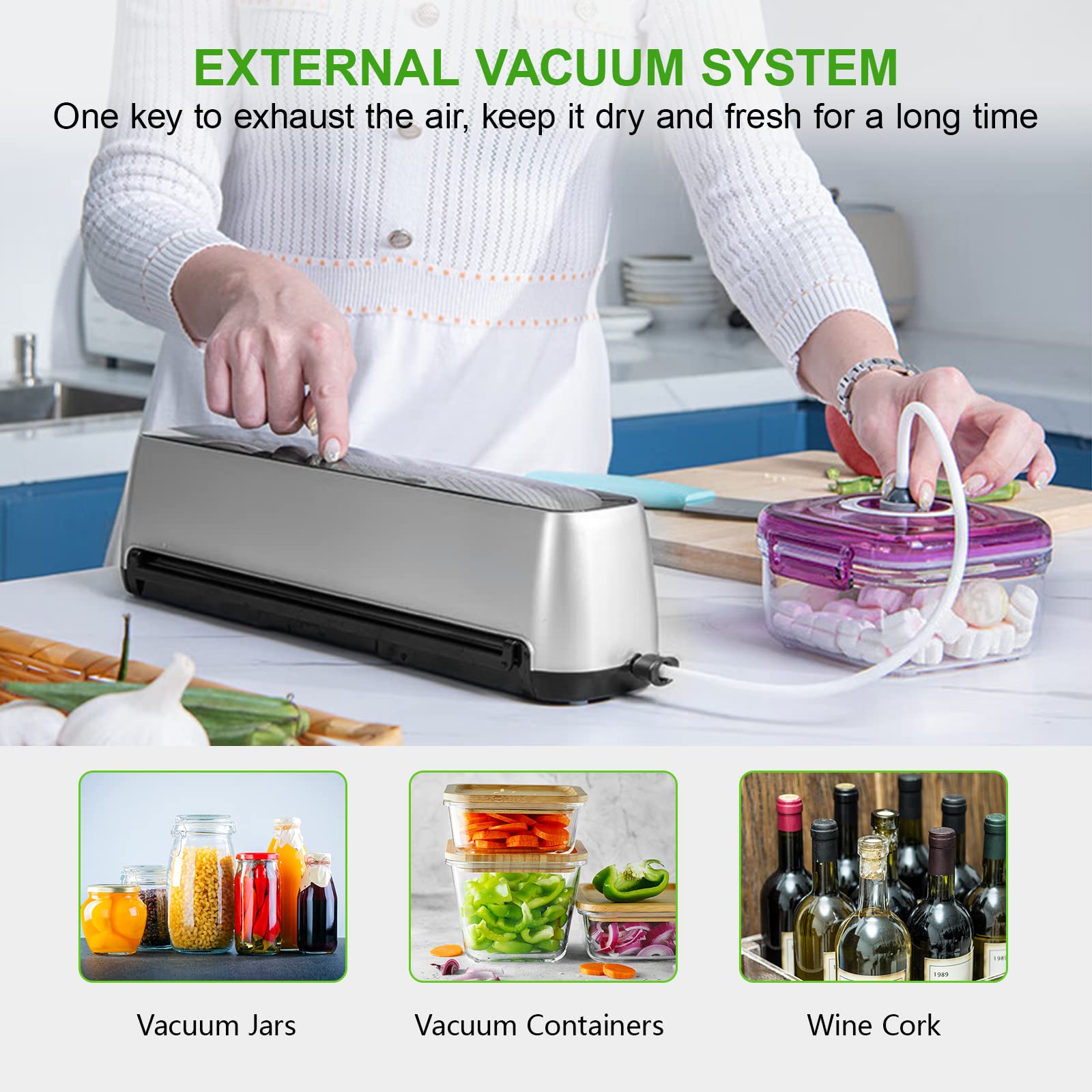 Vacuum Sealer Machine New Upgraded One-Touch Full Automatic Vacuum Sealer with LED Touch Screen Indicator Lights,Air Sealing System for Food Storage Dry/Moist Modes with 15 Seal Bags and 1 Hose.