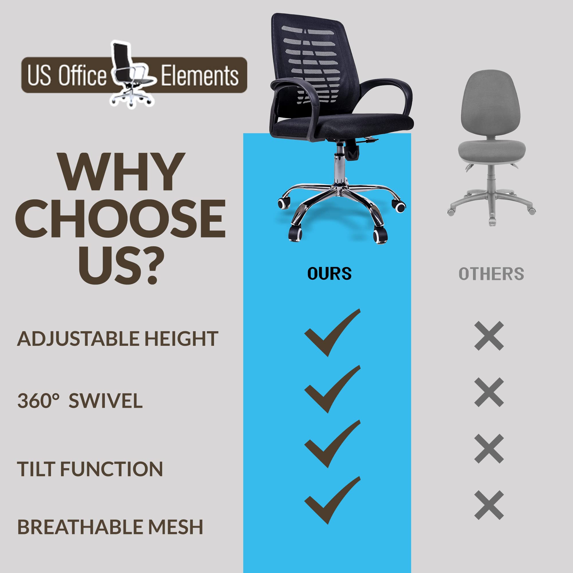 US Office Elements Ergonomic Office Chair with Lumbar Support | Computer Desk Chair with Arms | Adjustable 360 Swivel Chair with Arms (Black)