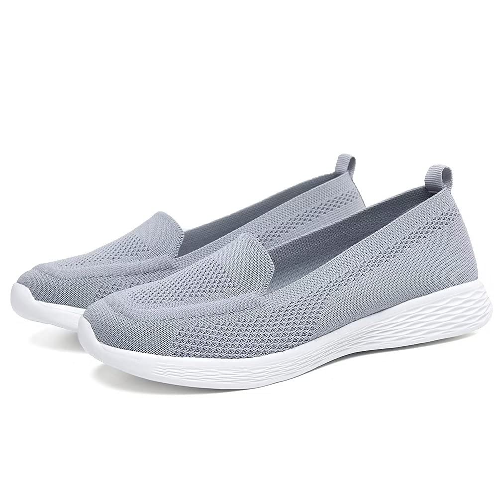 ZZS Womens Slip On Walking Shoes Lightweight Breathable Casual Low-Top Flats Memory Foam Mesh Loafers Soft Mesh Knit Comfortable Shoes,Light Grey 8
