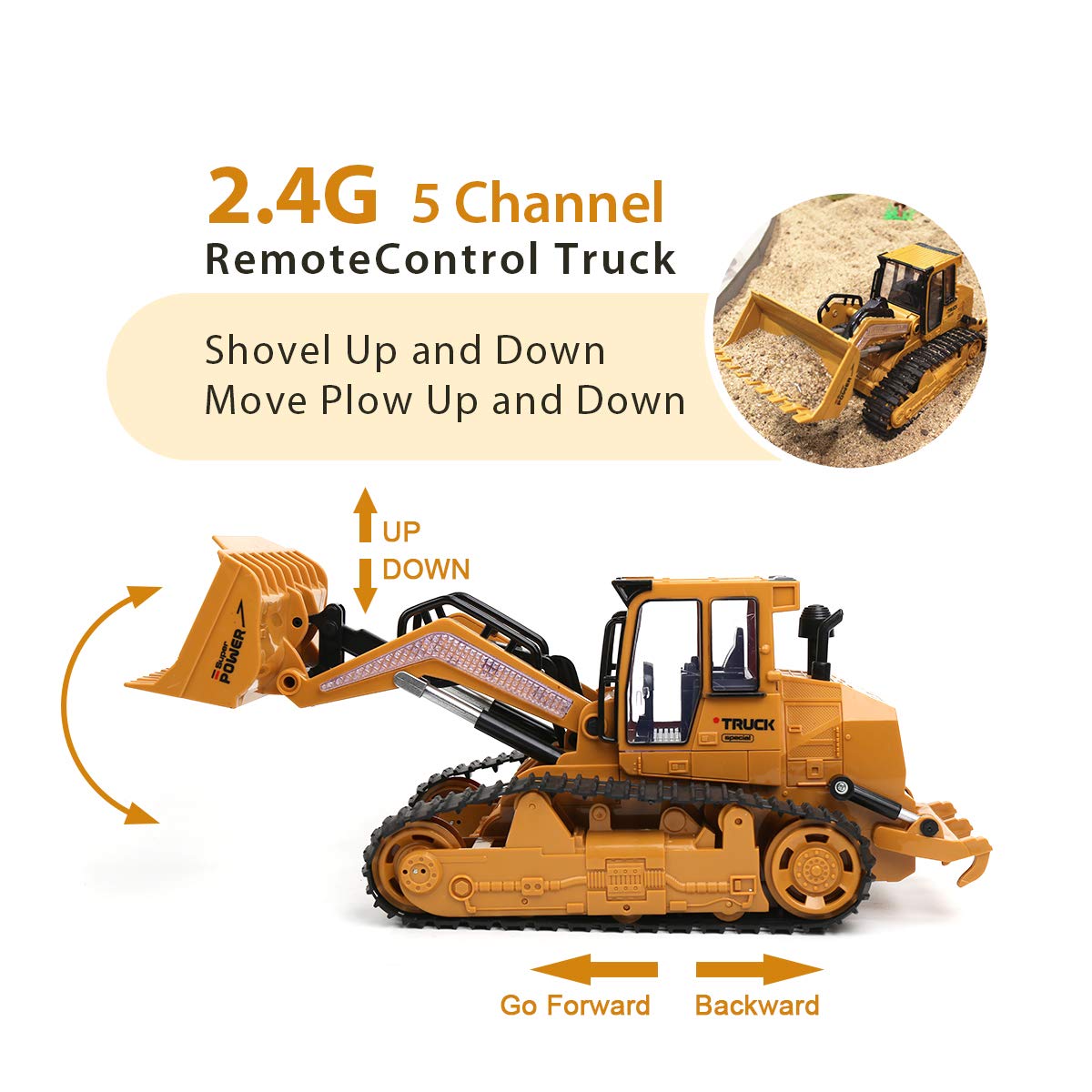 VAlinks 5 Channel RC Bulldozer, Remote Control Excavator, Full Functional Front Loader Construction Vehicles Toy with 2.4Ghz Transmitter and Shovel Lights, Simulation Sound for Kid