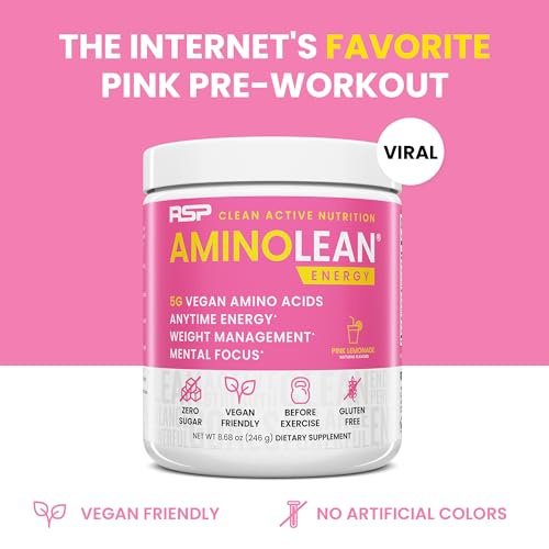 RSP NUTRITION AminoLean Pre Workout Powder, Amino Energy & Weight Management with Vegan BCAA Amino Acids, Natural Caffeine, Preworkout Boost for Men & Women, 30 Serv, Pink Lemonadeā¦