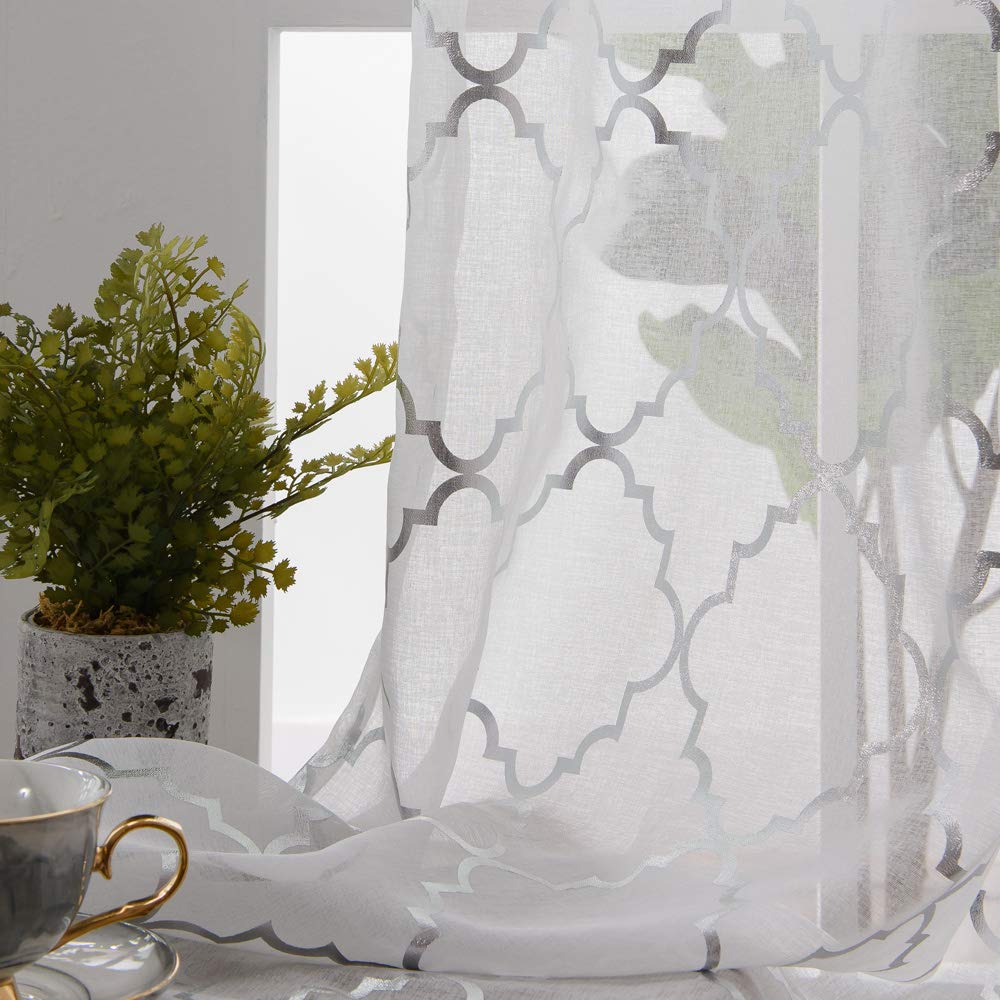 YJ YANJUN White Silver Kitchen Curtains 45 Inch Length Metallic Prin Short Curtains for Small Window Sheer Curtains 45 inch Length Set of 2 Panels 52 W x 45 L Inch White/Silver